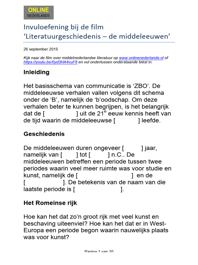 Invuloefening Bij de Film Literatuurgeschiedenis de Middeleeuwen | PDF