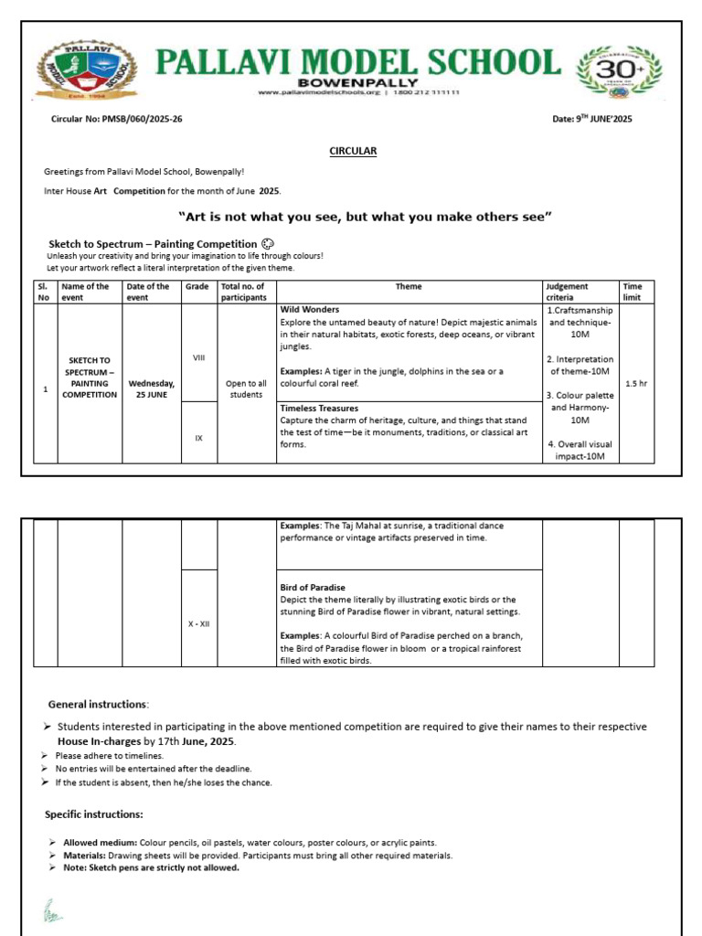 C-060-SB June Interhouse Cultural Competition - Painting Comp Circular 2025-26 | PDF | Paintings