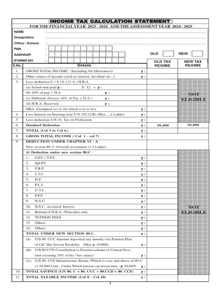 IT Calculation Statement Format - FY 2023-2024 | PDF | Tax Deduction ...