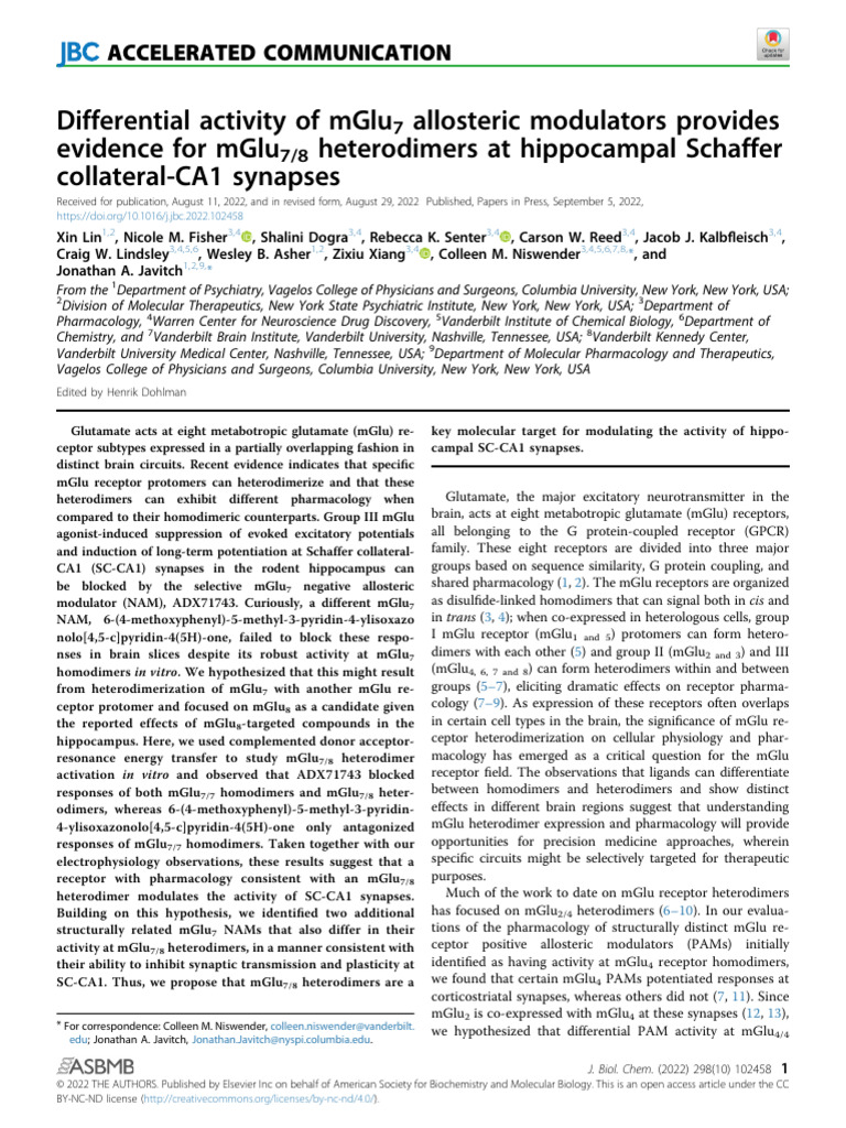 Differential Activity of MGlu7 Allosteric Modu | PDF | Excitatory Postsynaptic Potential | Long ...