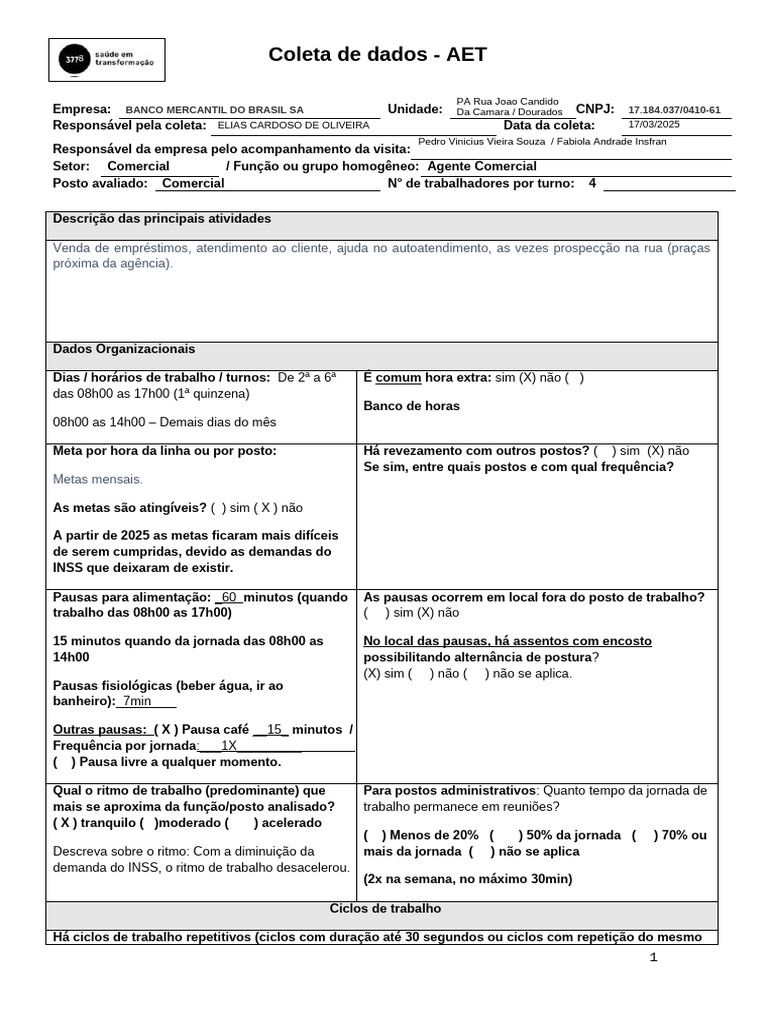 Formulário Check List - Coleta AET-PA AV João Candido Camara - Dourados - Ag Comercial | PDF