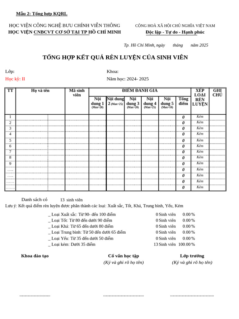 HV - Mau 2 - Tong Hop KQRL Cua SV | PDF