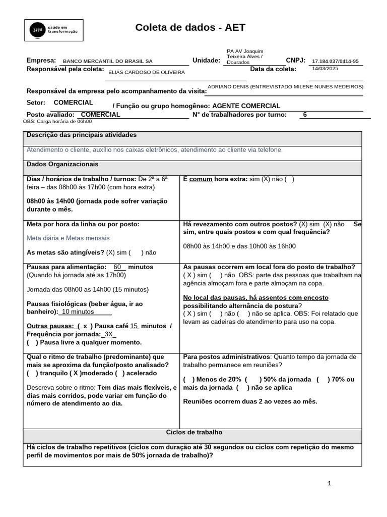 Formulário Check List - Coleta AET-PA AV Joaquim Teixeira Alves - Dourados - AGENTE COMERCIAL ...