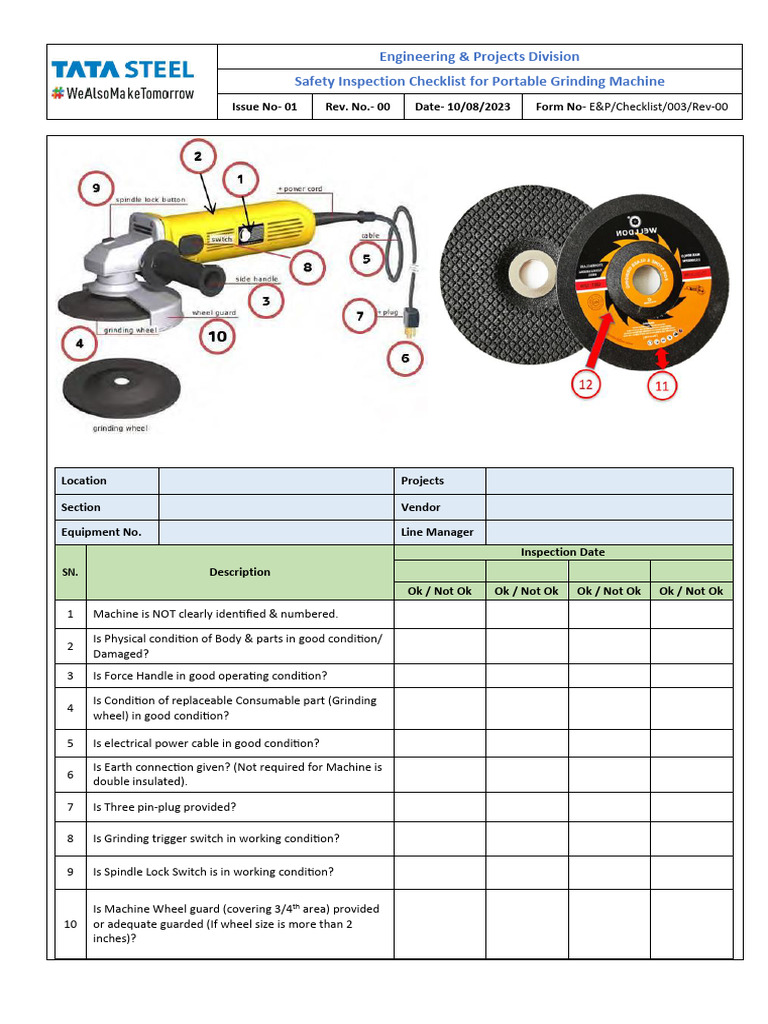 Inspection Checklist For Hand Grinder | PDF | Grinding (Abrasive Cutting)