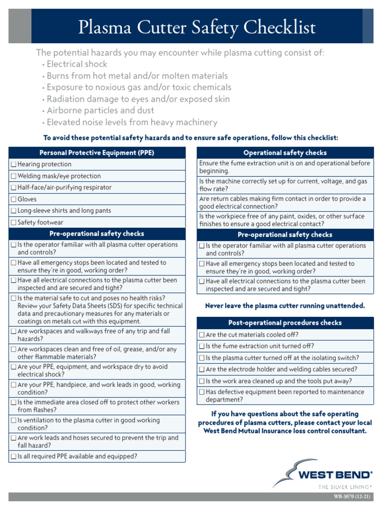 Plasma Cutter Inspection Checklist | PDF | Personal Protective ...
