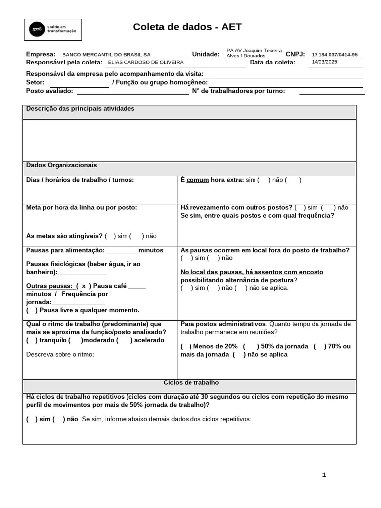 Formulário Check List - Coleta AET-PA AV Joaquim Teixeira Alves - Dourados | PDF