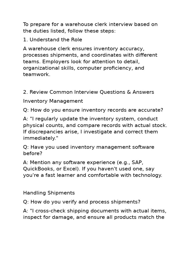 Warehouse Clerk Interview Preparation Guide | PDF | Inventory | Audit