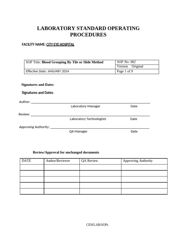 Blood Grouping SOP: Tile & Slide Method | PDF | Blood Type | Blood