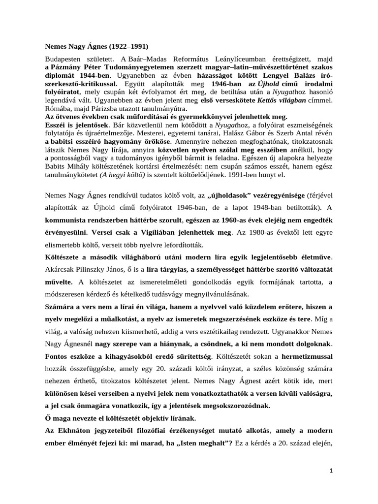 Nemes Nagy Ágnes | PDF