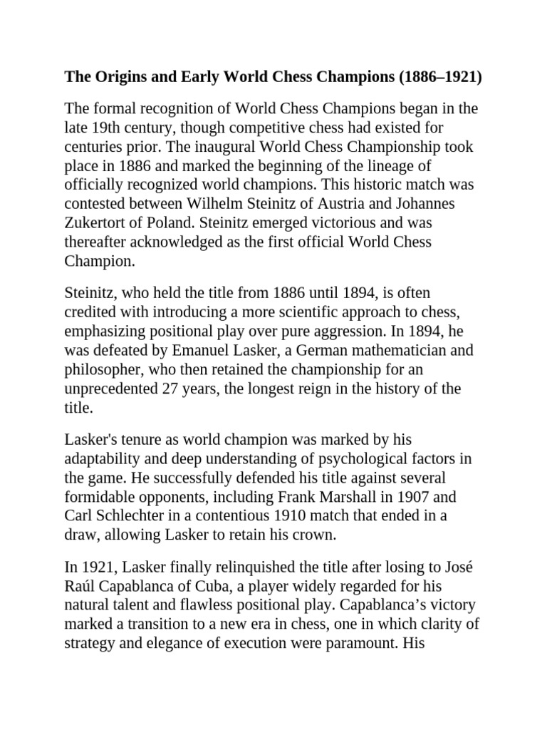 First World Chess Champions (1886-1921) | PDF