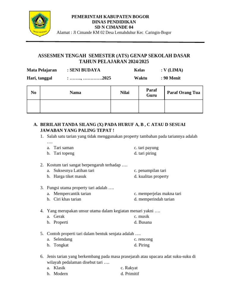 Kelas 5 2024-2025 STS Genap Seni Budaya | PDF
