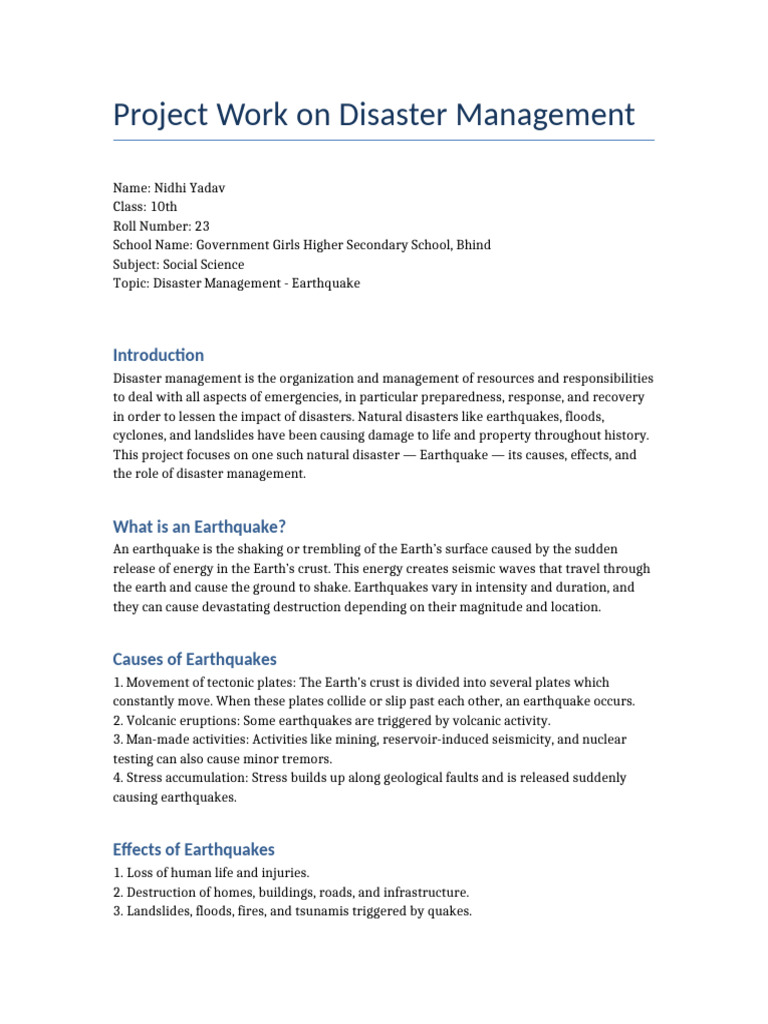 Nidhi Yadav Disaster Management Project | PDF | Earthquakes | Natural ...