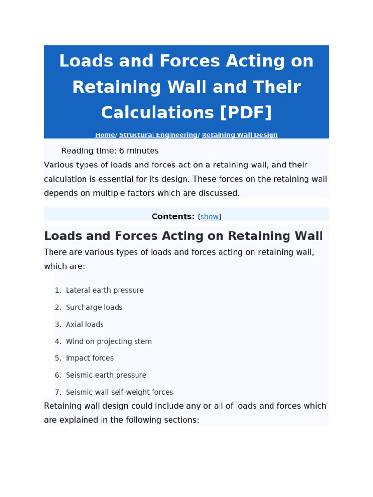 Loads and Forces Acting On Retaining Wall and Their Calculations | PDF ...