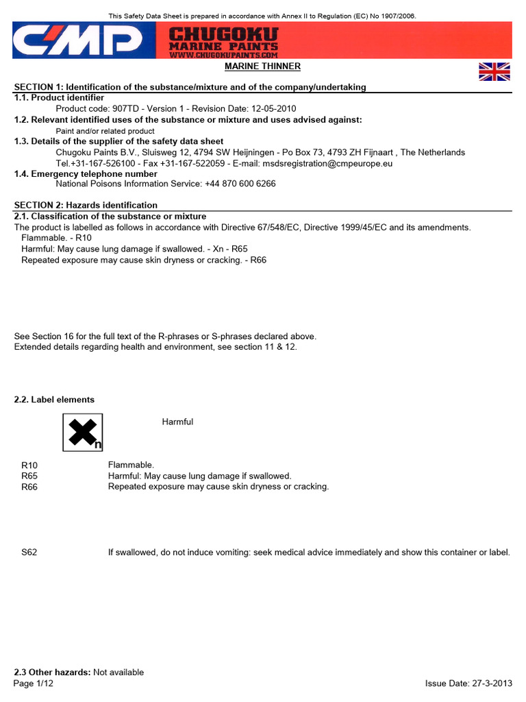 Marine Thinner Safety Data Sheet | PDF | Occupational Safety And Health