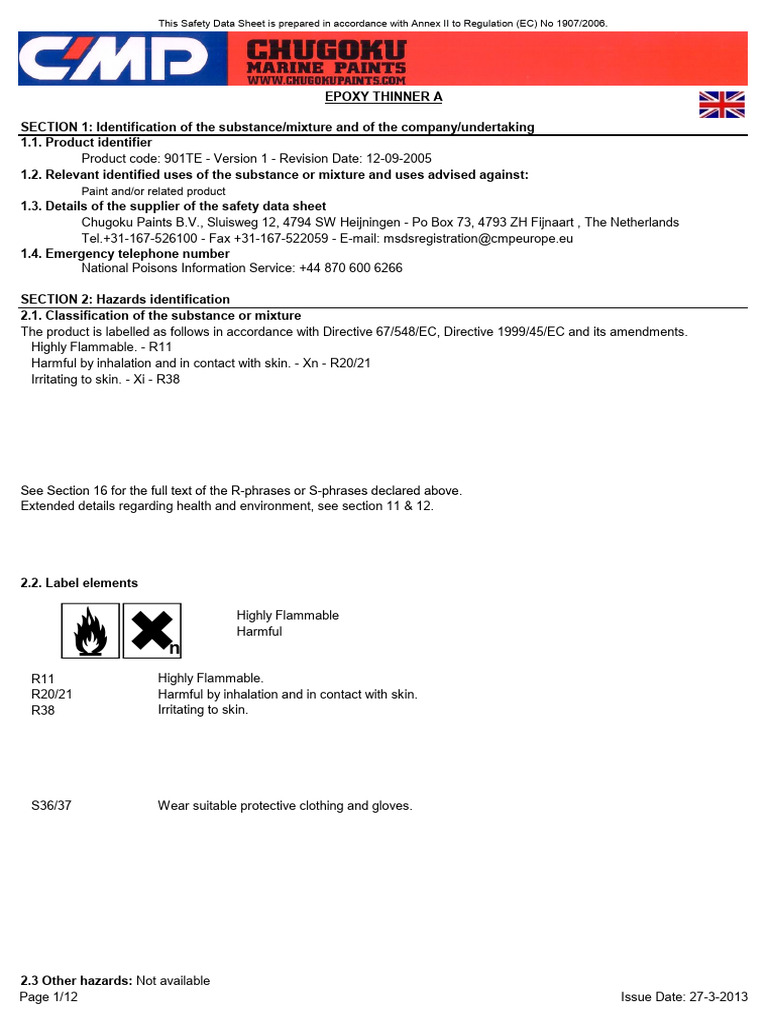 Chugoku Epoxy Thinner A MSDS 2023 | PDF | Toxicity | Hazards