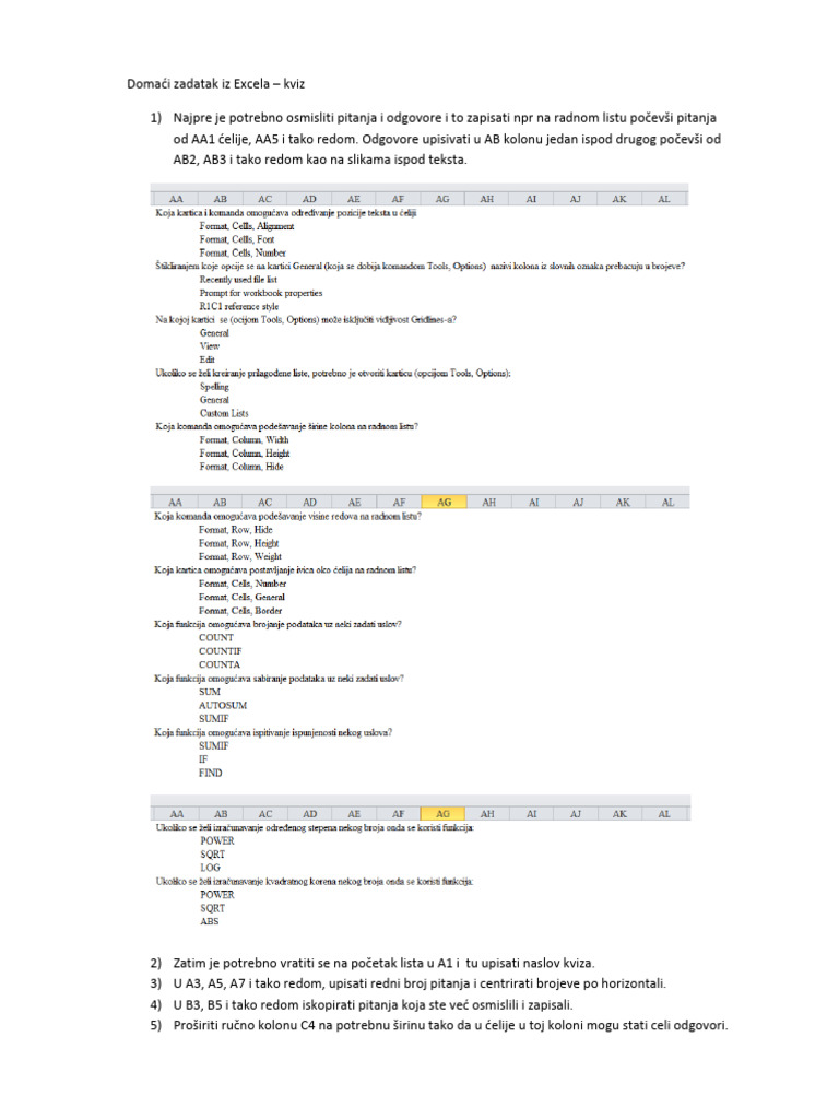 Kviz Znanja Iz Excela, Uputstvo | PDF