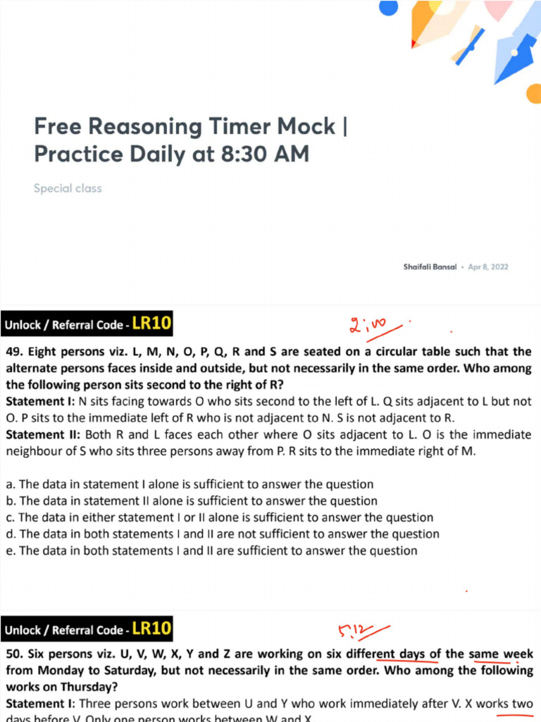Free Reasoning Timer Mock Practice Daily at 830 AM With Anno | PDF