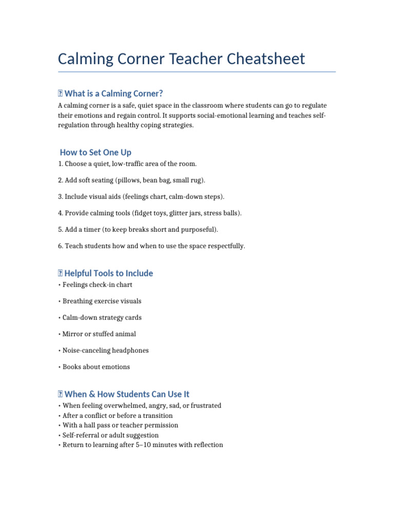 Calming Corner Teacher Cheatsheet | PDF