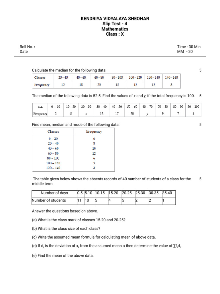 Class X Slip Test on Statistics | PDF