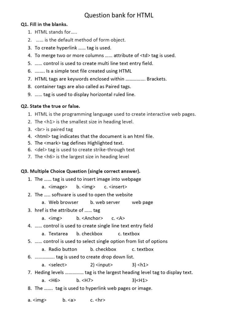 HTML Question Bank and Exercises | PDF | Html | Html Element