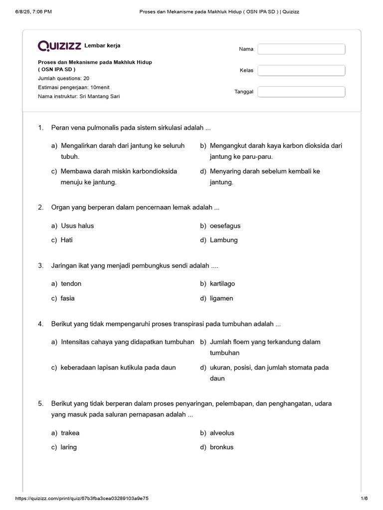 Proses Dan Mekanisme Pada Makhluk Hidup (OSN IPA SD) - Quizizz | PDF