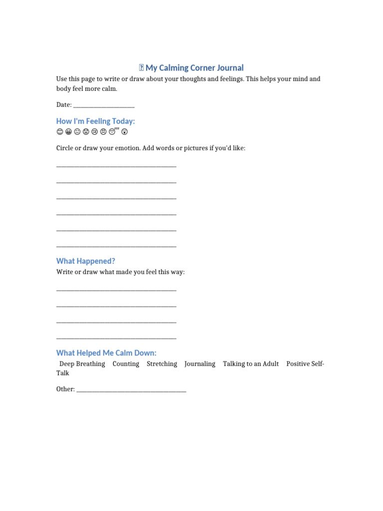 Calming Corner Journal Template | PDF