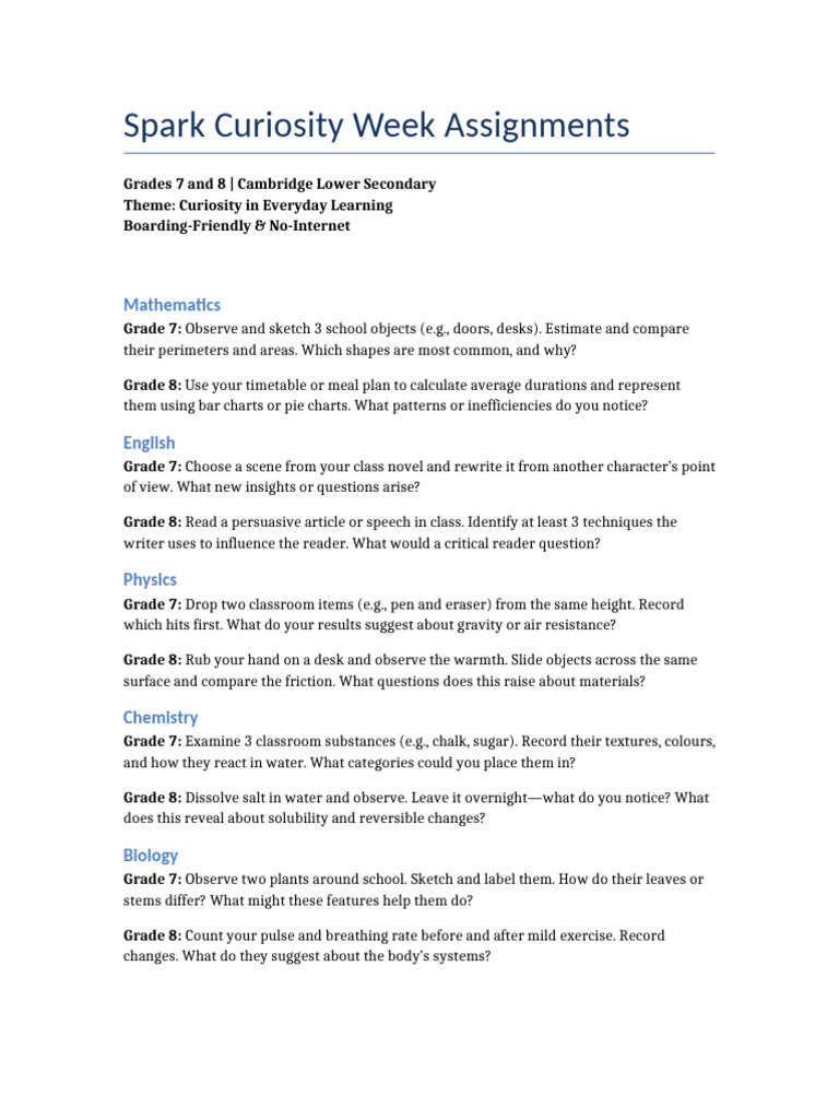 Spark Curiosity Week Assignments Grades 7 and 8 | PDF