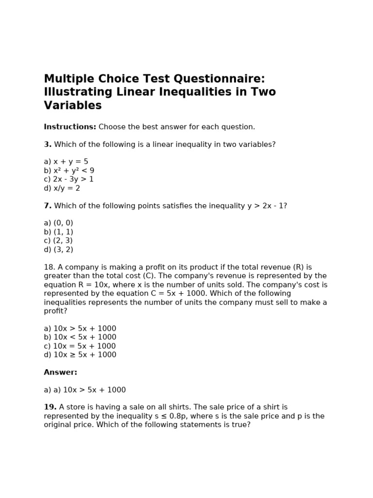 Linear Inequalities Multiple Choice Quiz | PDF | Function (Mathematics ...