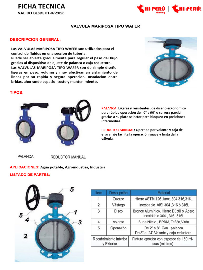 Válvula Mariposa Tipo Wafer: Ficha Técnica | PDF