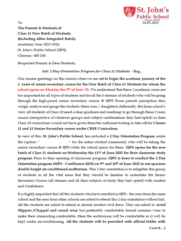 Class 11 Orientation Schedule 2025 | PDF