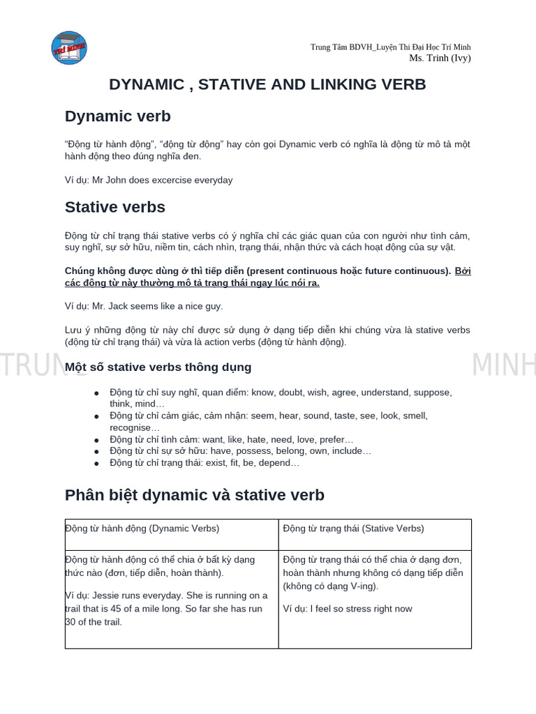 Dynamic, Stative and Linking Verb | PDF