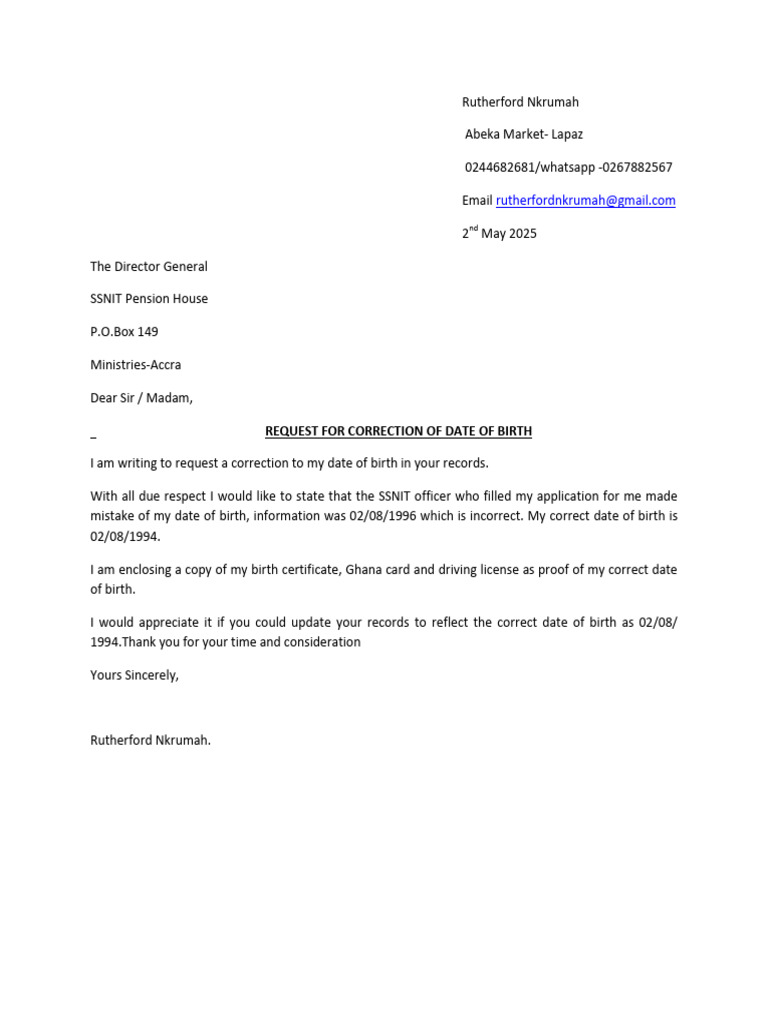 Request For Correction of Date of Birth | PDF
