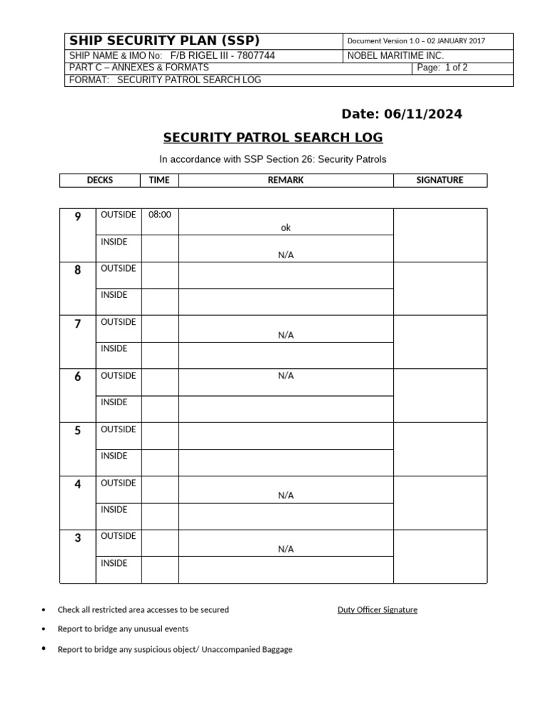 Ship Security Patrol Log Template | PDF