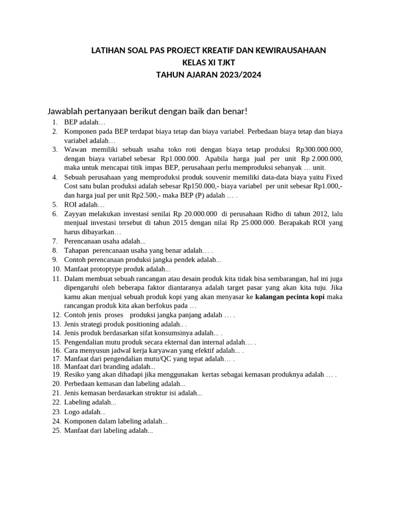 Latihan Soal Pas Project Kreatif Dan Kewirausahaan | PDF