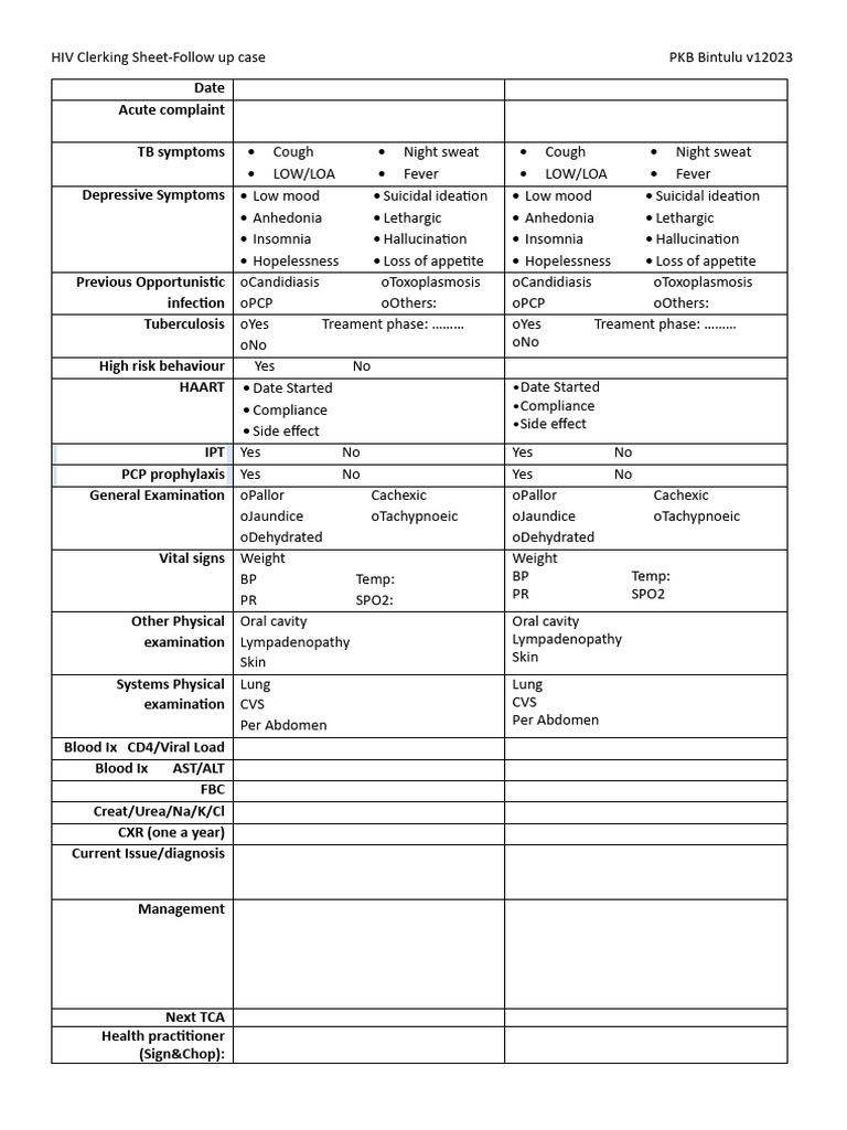 Hiv Clerking Sheet Follow Up 2023 | PDF | Medicine | Diseases And Disorders