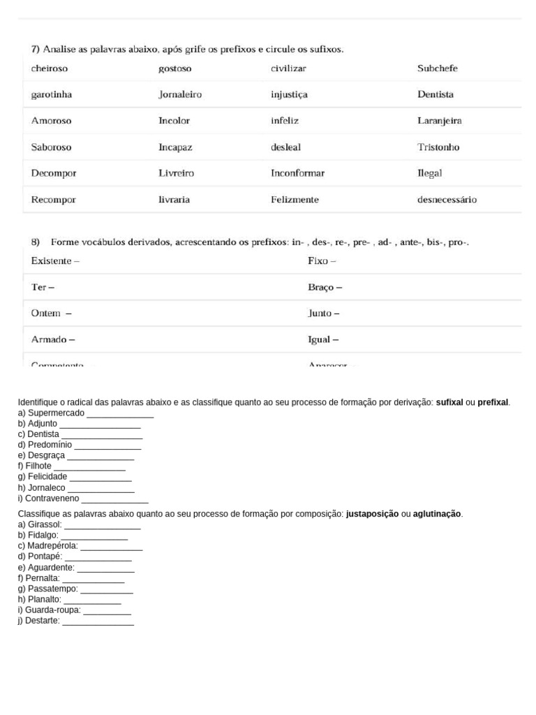 Exercícios Prefixo e Sufixo | PDF