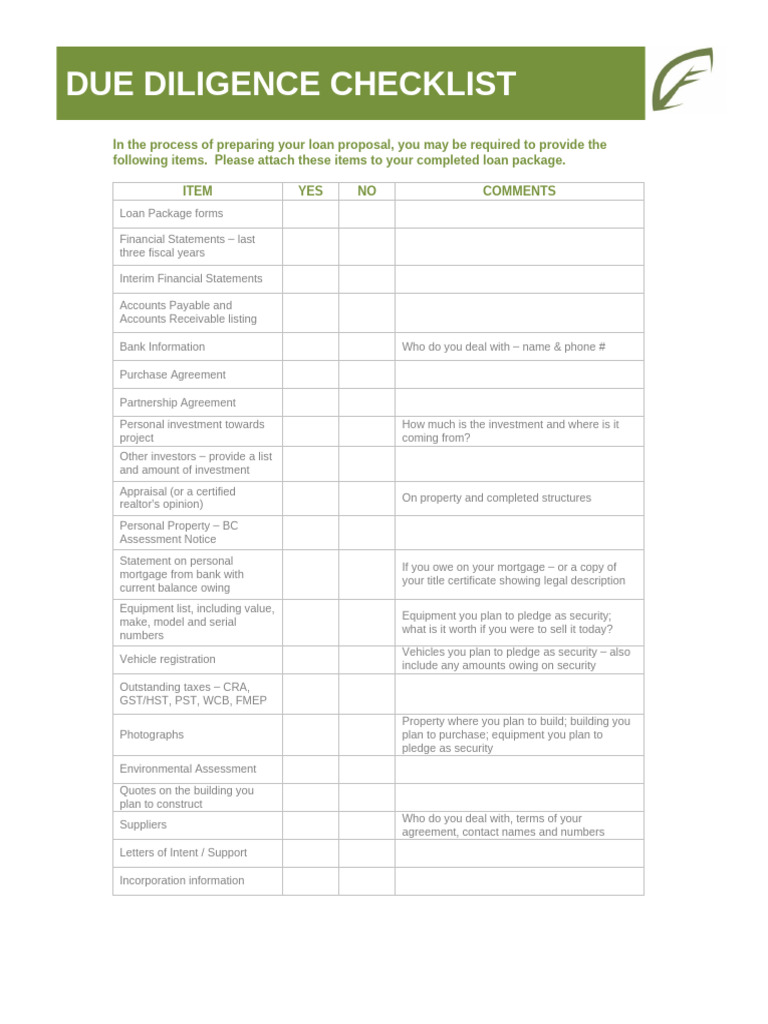 Loan Proposal Due Diligence Checklist | PDF