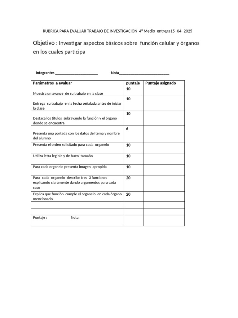 Rubrica de Trabajo de Investigación Aspectos Basicos de La Función Celular | PDF