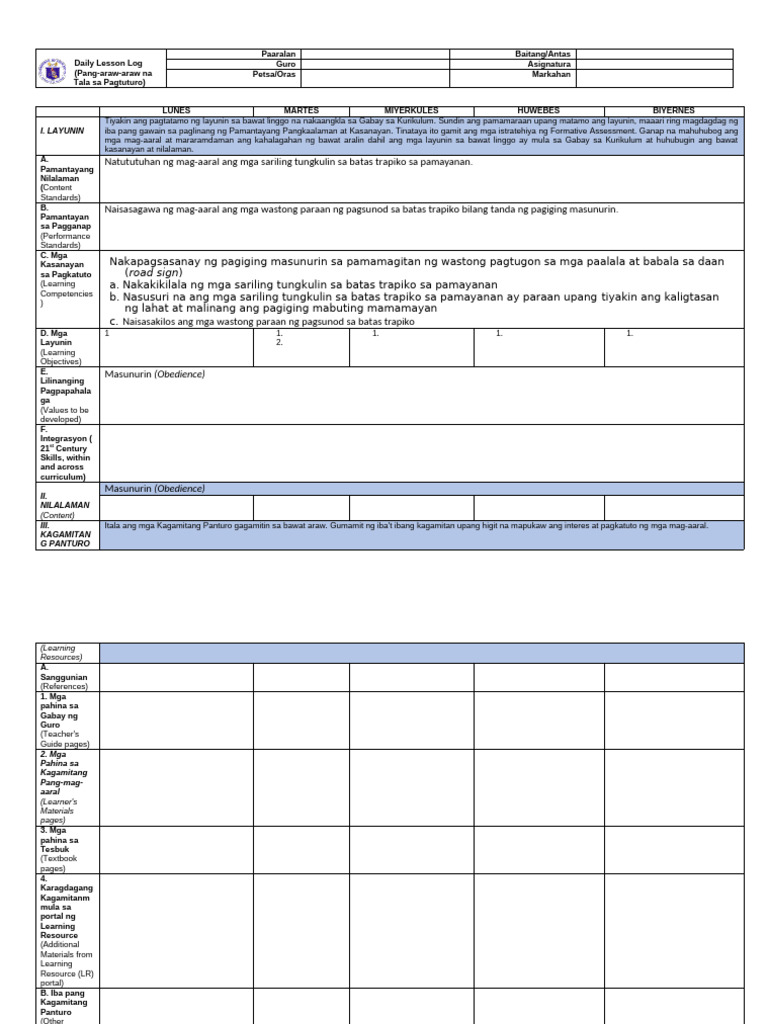 Masunurin GMRC Sample Lesson Plan LC1 Lesson1 Week 5 | PDF