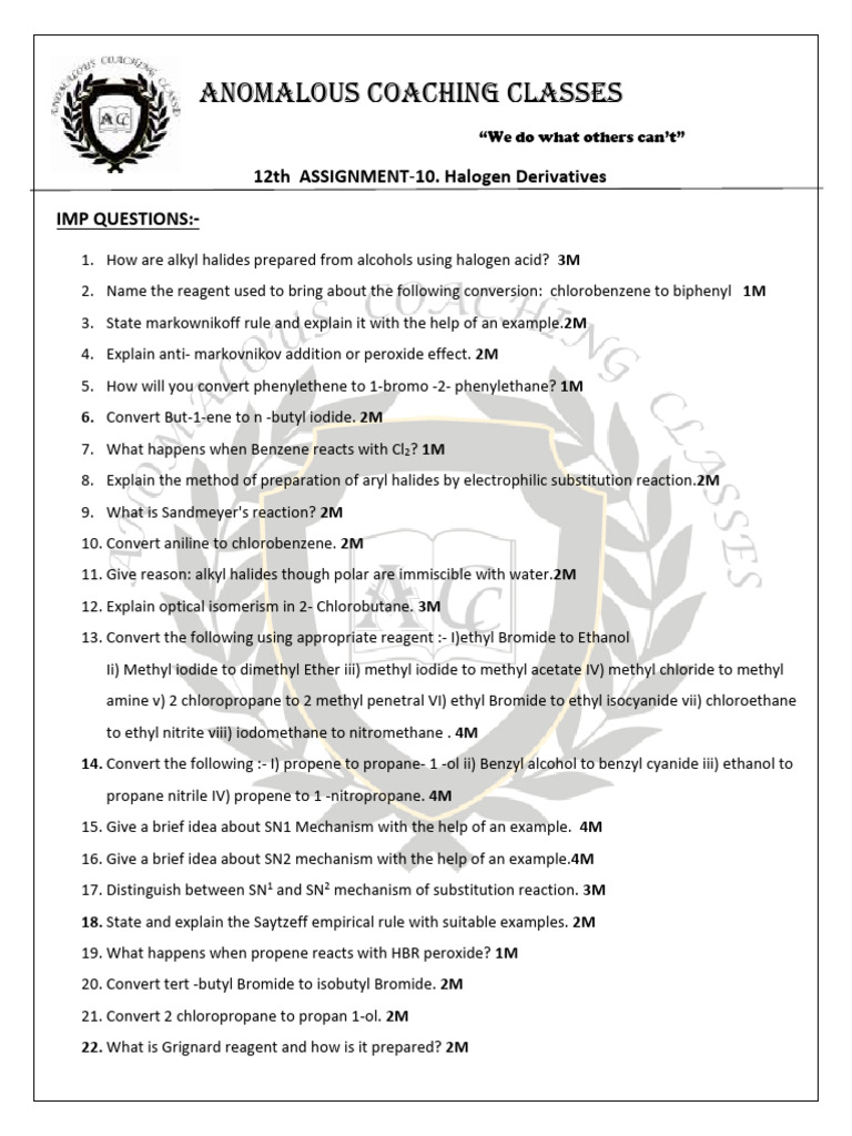 Halogen Derivatives Class 12 Assignment | PDF | Chemical Substances ...