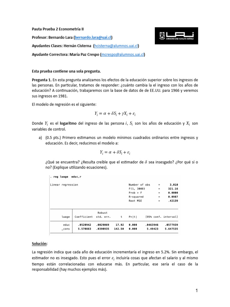Pauta Prueba 2 Econometría 2 | PDF | Análisis de regresión | Mínimos cuadrados ordinarios