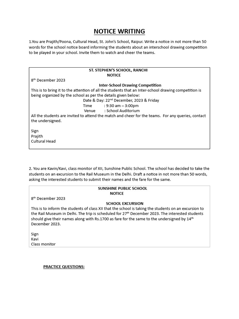 Practice Worksheet - Writing Notice | PDF