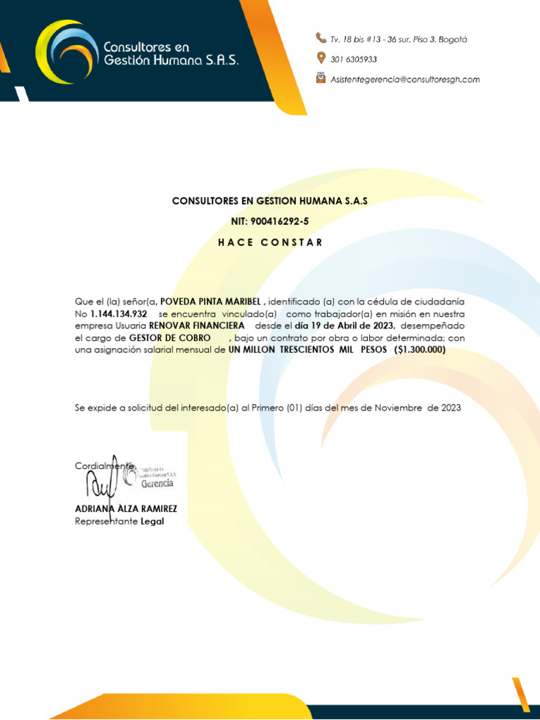 Certifiado Laboral Povedad Pinta Maribel | PDF