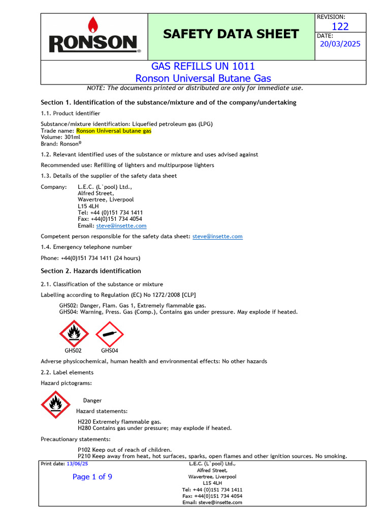 Safety Data Sheet - Ronson Universal Butan Gas Refills UN 1011 123 (En ...