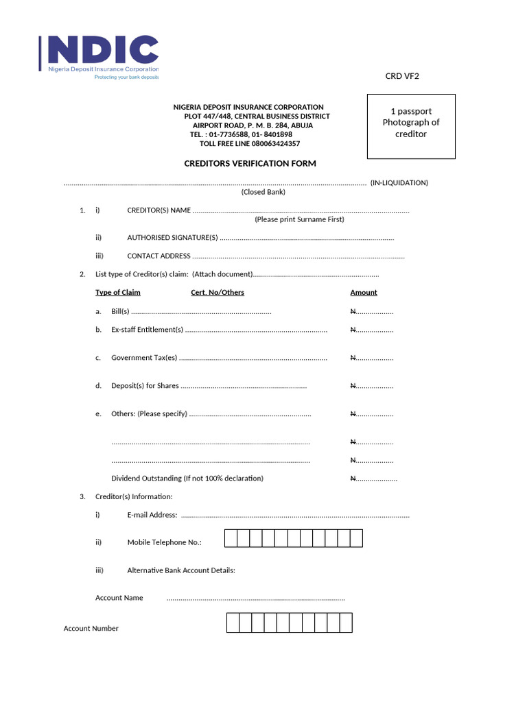 Creditor Verification Form Ndic VF 2 1 | PDF