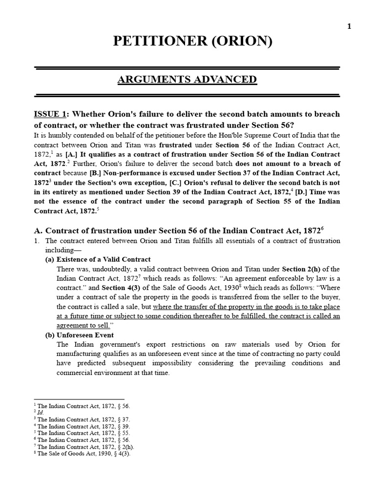 Moot Problem Issue 1 (Orion) | PDF | Breach Of Contract | Consent