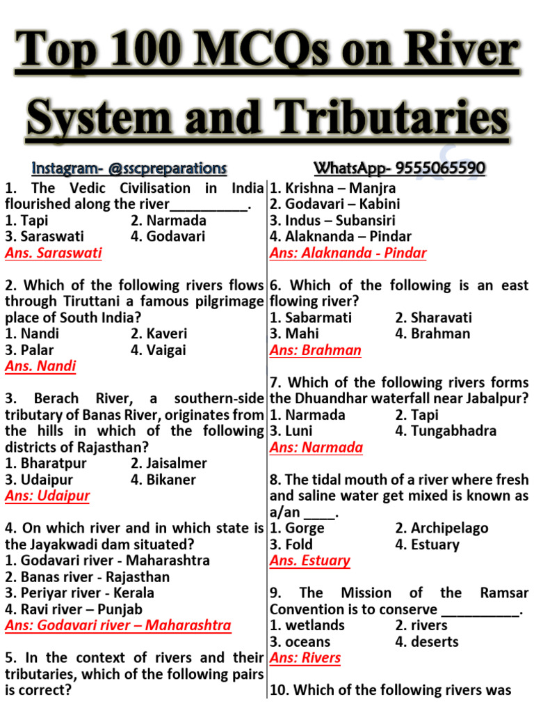 River Quiz with Answers for UPSC | PDF | Indus River | Geomorphology