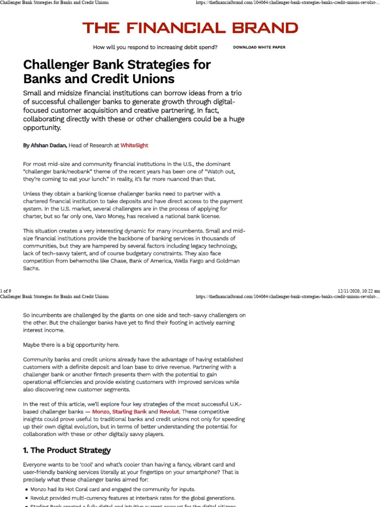 Challenger Bank Strategies For Banks and Credit Unions | PDF ...