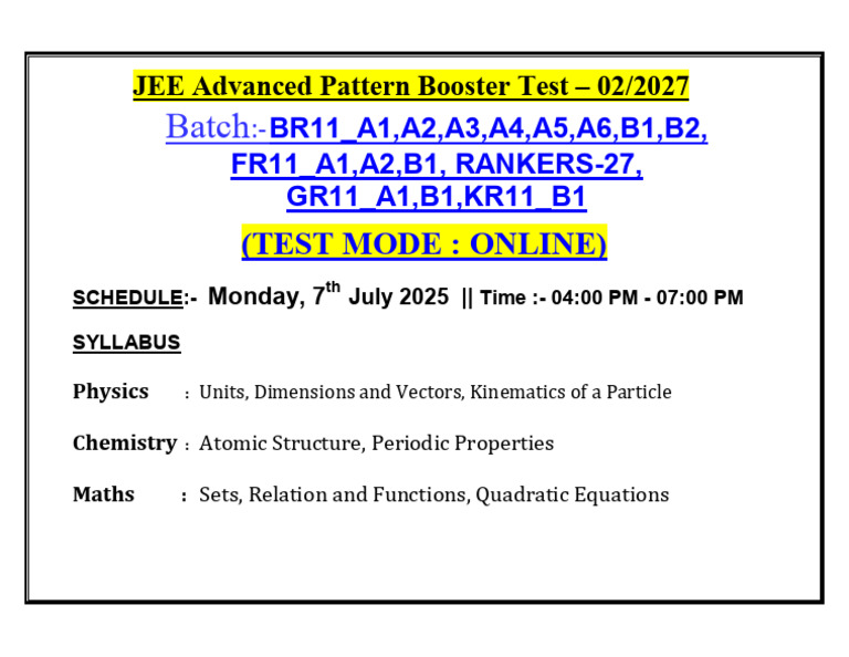 JEE Adv Pattern Booster Test-02 - Gen-1 - XI - 07.07.2025 | PDF