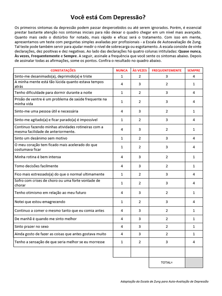 Escala de Autoavaliação de Depressão de Zung | PDF | Depressão ...